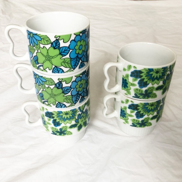 Vintage | Dining | Rare Vintage Ceramic Stacking Mugs Green Blue Daisy ...